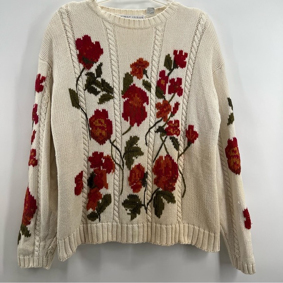 Vintage | Sweaters | Vintage Chunky Floral Sweater Cream Red Sz Small ...